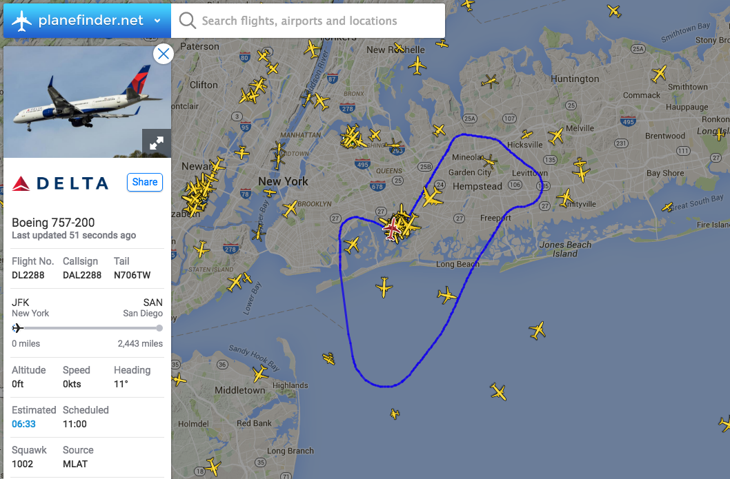 ALERT Delta #DL2288 to San Diego returned to New York JFK for emergency ...