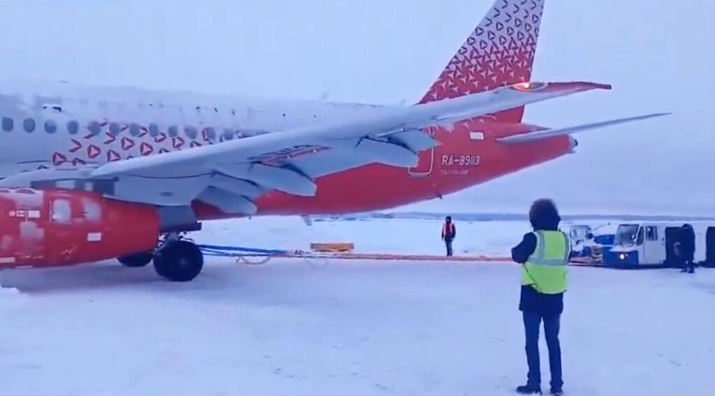 Russian Sukhoi SU95 Superjet 100 being recovered at Saransk Airport
