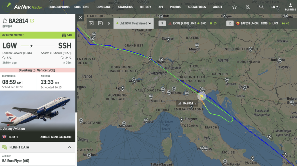 British Airways #BA2814 is declaring an emergency and diverting to Venice